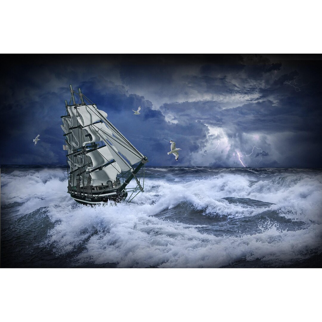 Ship Sailing Through the Storm Tempest With High Waves and Flying Gulls ...