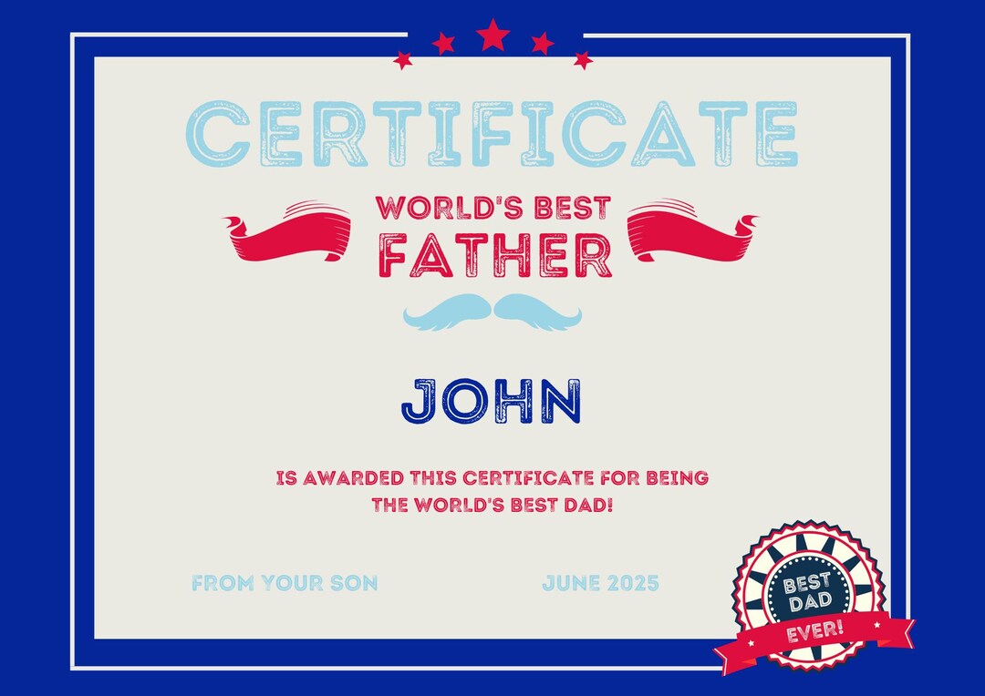 Best Dad Certificate – Personalized Father’s Day Gift | Printable ...