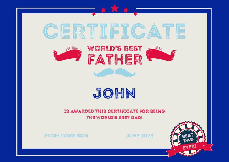 Best Dad Certificate – Personalized Father’s Day Gift | Printable ...