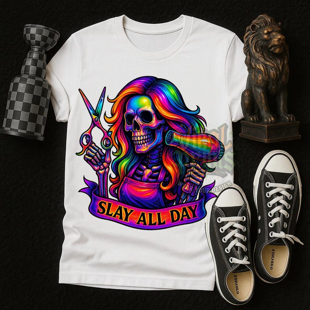 Slay All Day PNG | Hair Stylist Skeleton Graphic | Rainbow Hair Salon ...