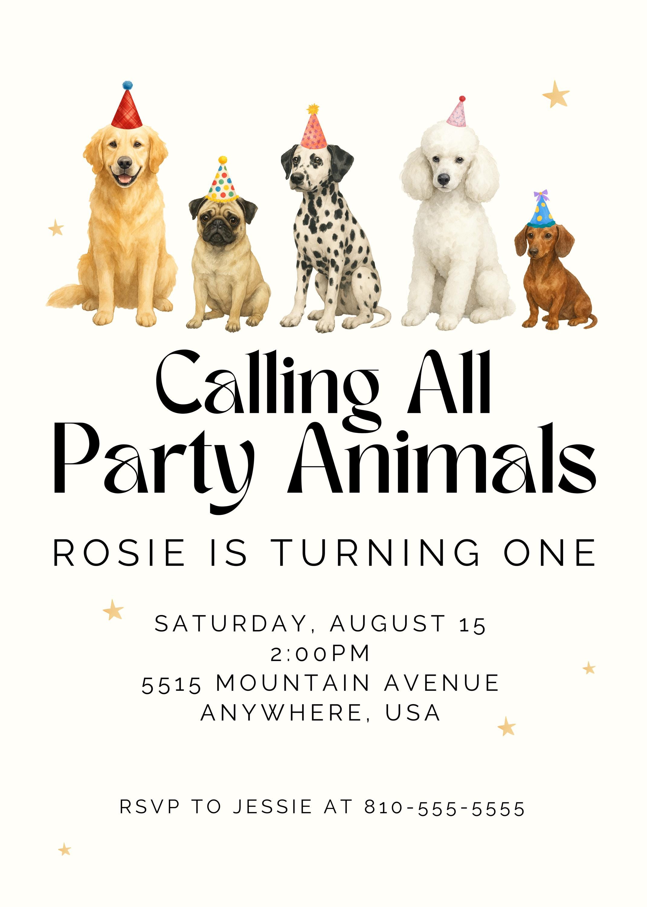Calling All Party Animals Dog Birthday Invitation | Editable Canva ...