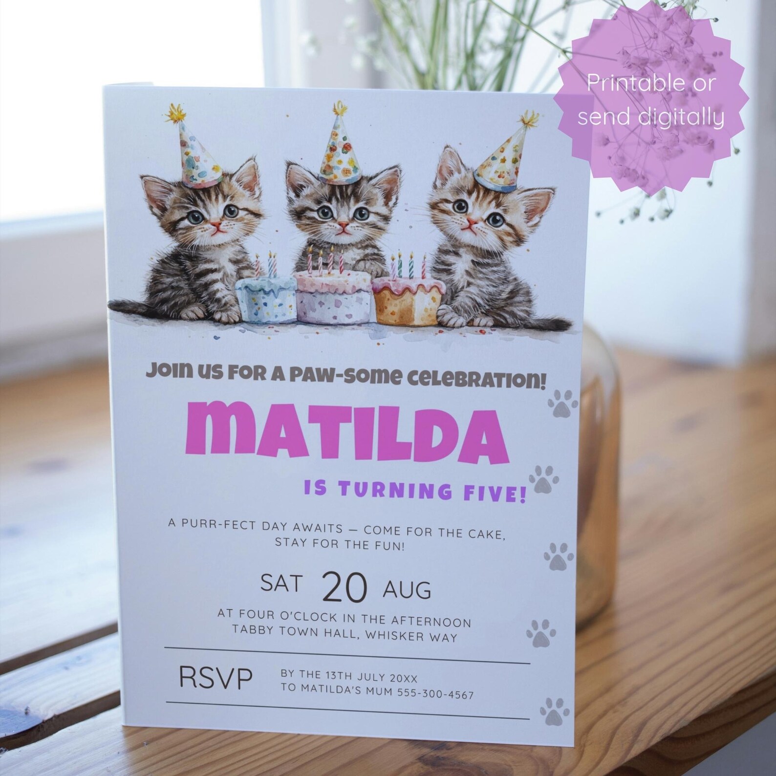 Kitty Birthday Invitation | Cute Cat Party Invite | Instant Download ...