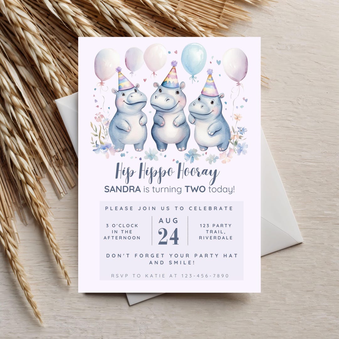 Hip Hippo Hooray Invitation, Editable Hippo Birthday Party Invite ...