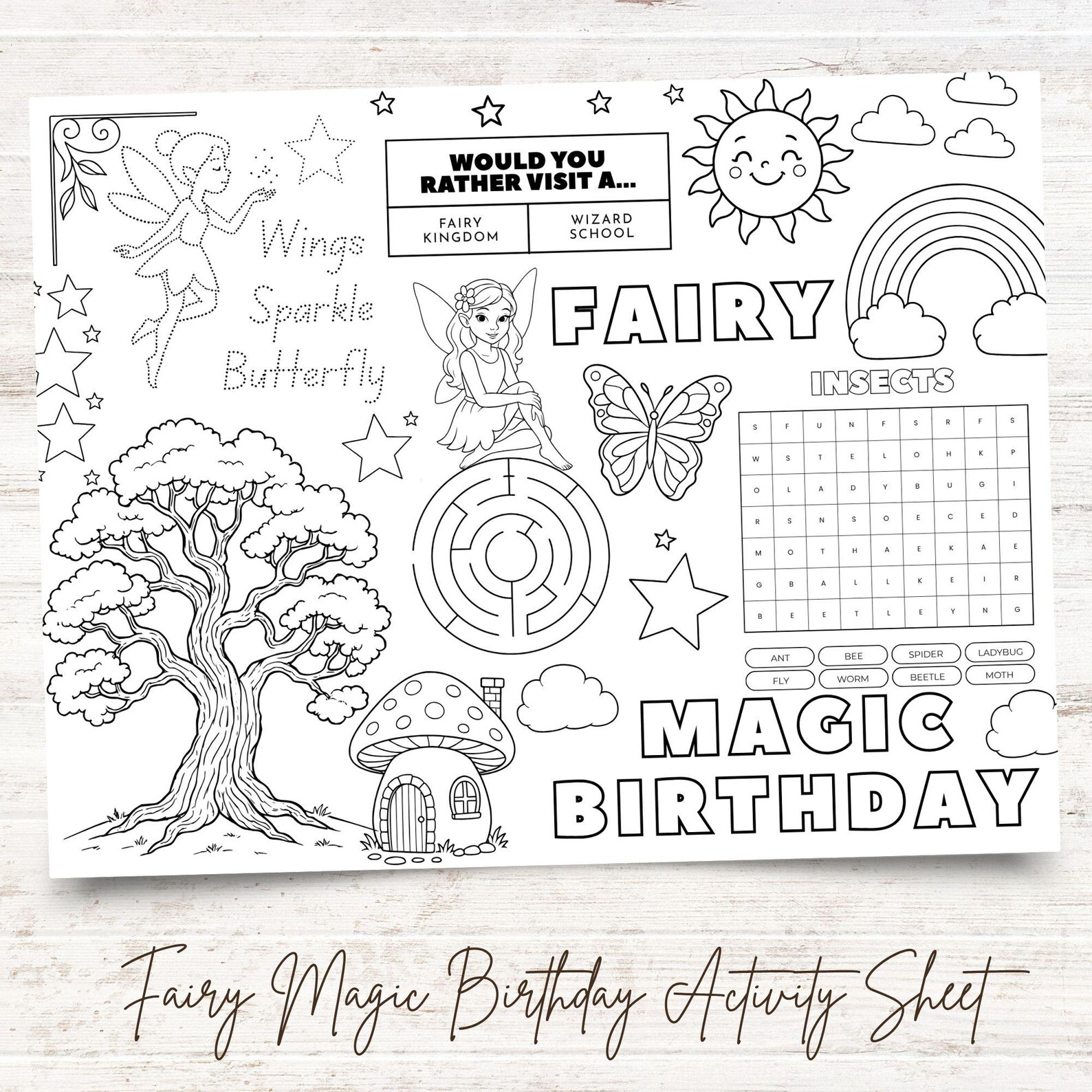 Fairy Activity Placemat, Printable Kids Coloring Sheet, Birthday Party ...
