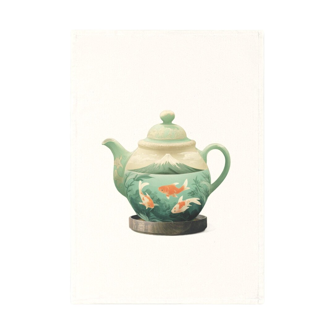 Japanese Teapot Tea Towel | Koi Fish & Mount Fuji Kitchen Towel ...
