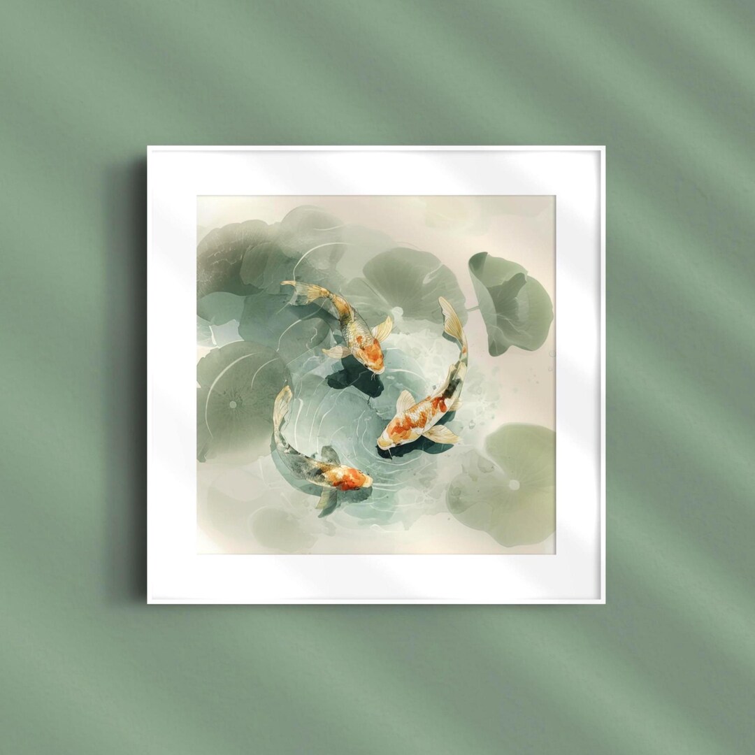 Japanese Koi Fish Pond Watercolor, Japandi Wall Art, Spa and Bathroom ...
