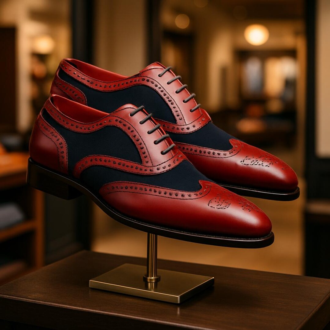 Men’s Two-tone Leather Oxford Brogues – Red and Black Formal Lace-up ...