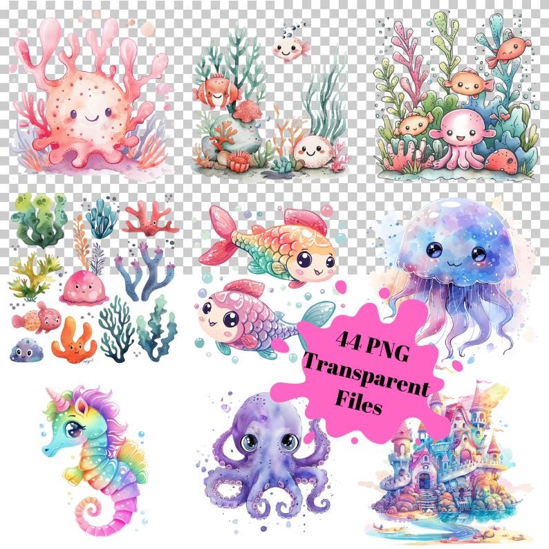 44 Cute Whimsical Mermaid Clipart Bundle, Watercolor Mermaid PNG Set ...