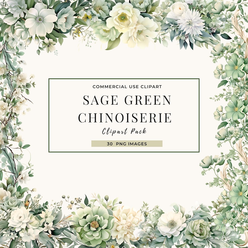 SAGE GREEN CHINOISERIE Floral Watercolor Clipart, Wedding Invitation ...