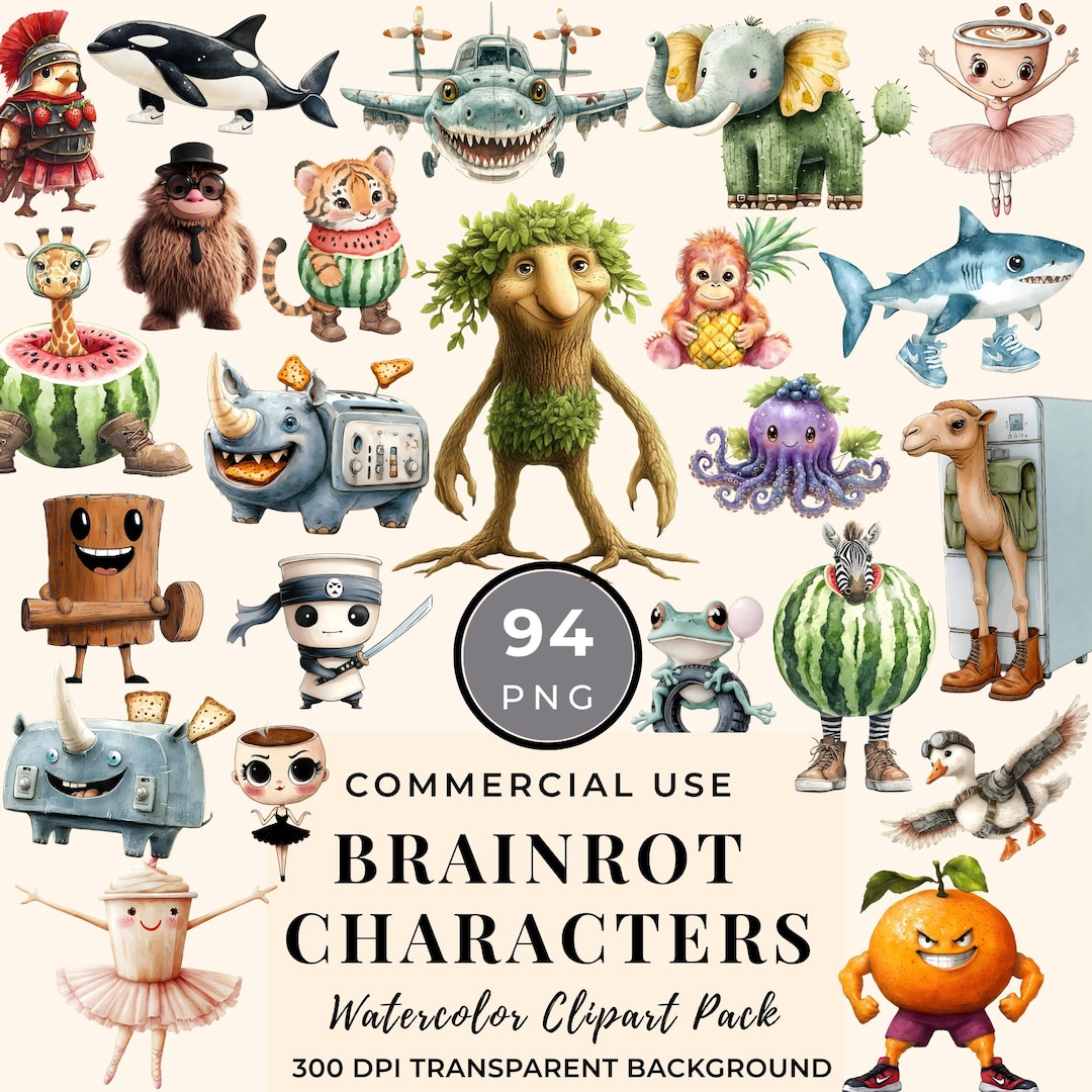 Brainrot Characters Watercolor Pngs, Clipart Bundle for Instant ...