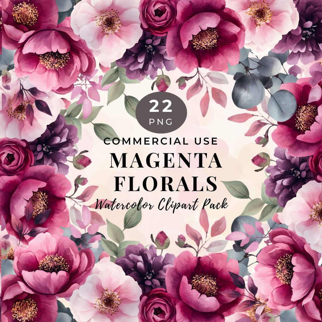 Magenta Watercolor Floral Clipart, Bold Pink Flowers Wedding Invitation ...