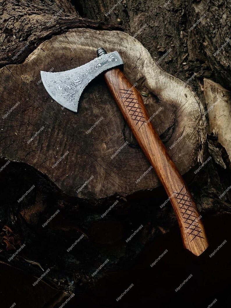 Handmade Viking Axe With Engraved Damascus Steel Blade & Carved Wood ...