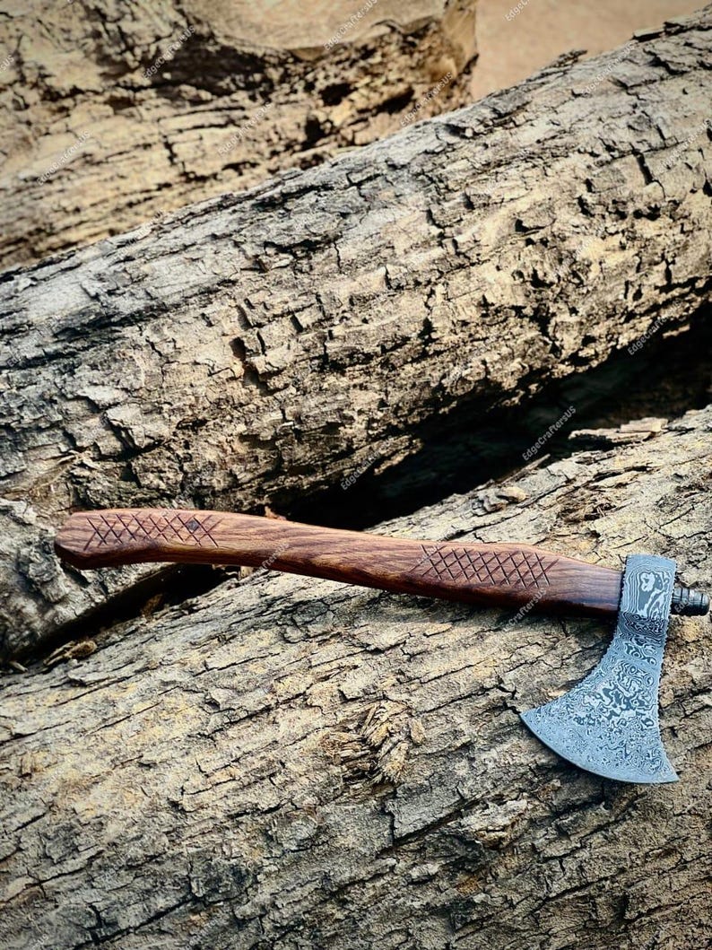 Handmade Viking Axe With Engraved Damascus Steel Blade & Carved Wood ...