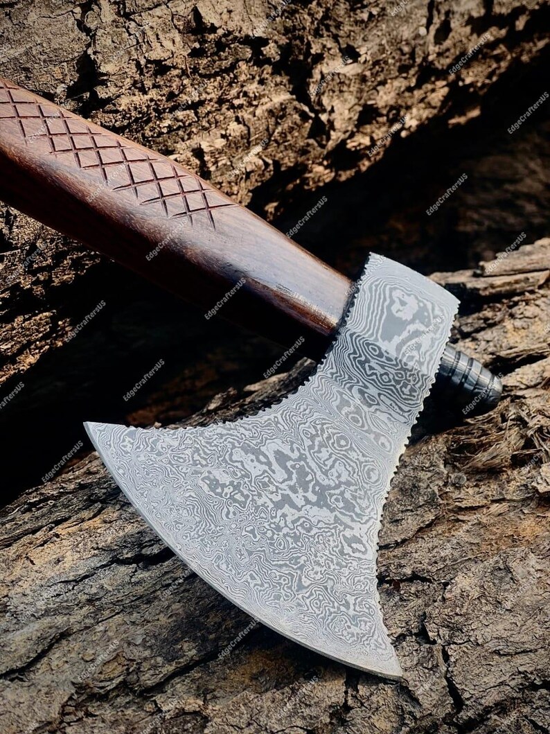 Handmade Viking Axe With Engraved Damascus Steel Blade & Carved Wood ...