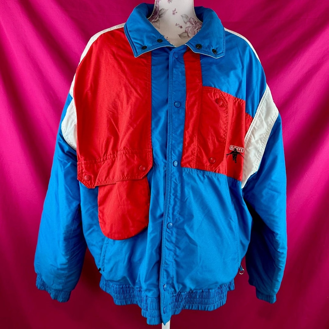 Vintage 80s 90s Roffe Ski Jacket Men XL USA Colorblock Puffy Coat Red ...