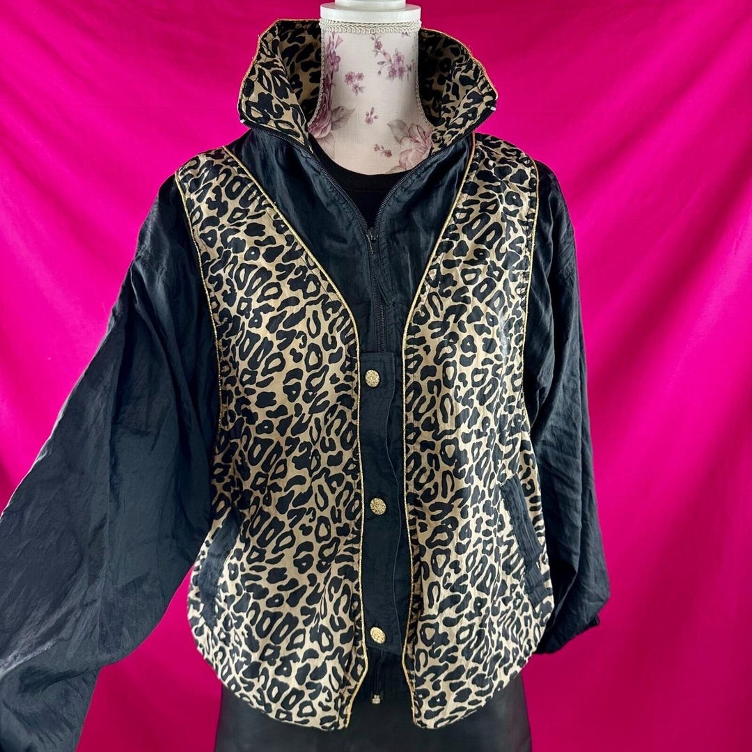 Vintage 80s/90s MTA PRO Leopard Print Black Gold Nylon Windbreaker ...