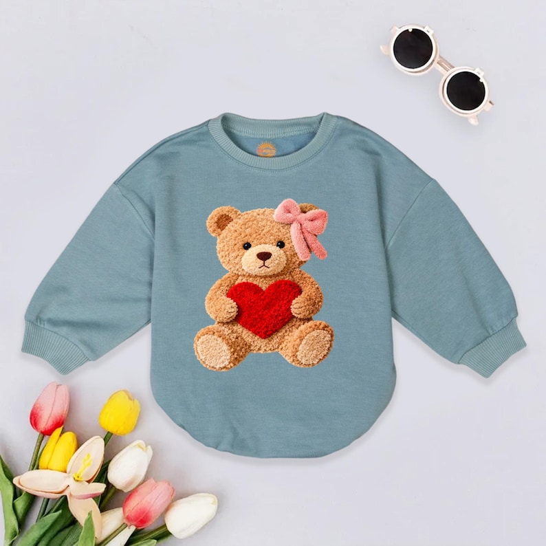 Valentine Teddy Bear Sweatshirt Romper | Heart Bodysuit | Oversized ...