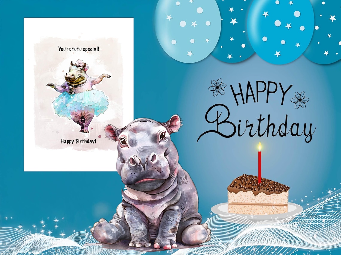 Whimsical Hippo Birthday Card: Printable Tutu Design (digital Download ...