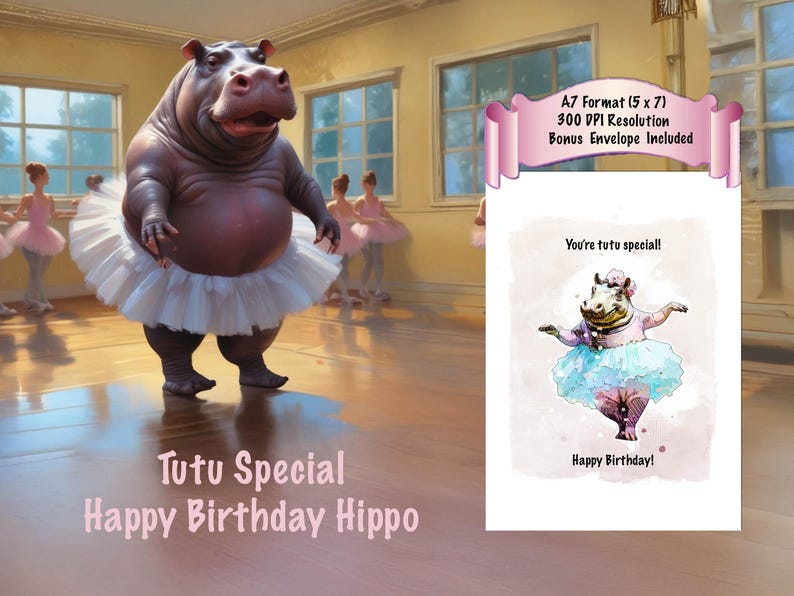 Whimsical Hippo Birthday Card: Printable Tutu Design (digital Download ...