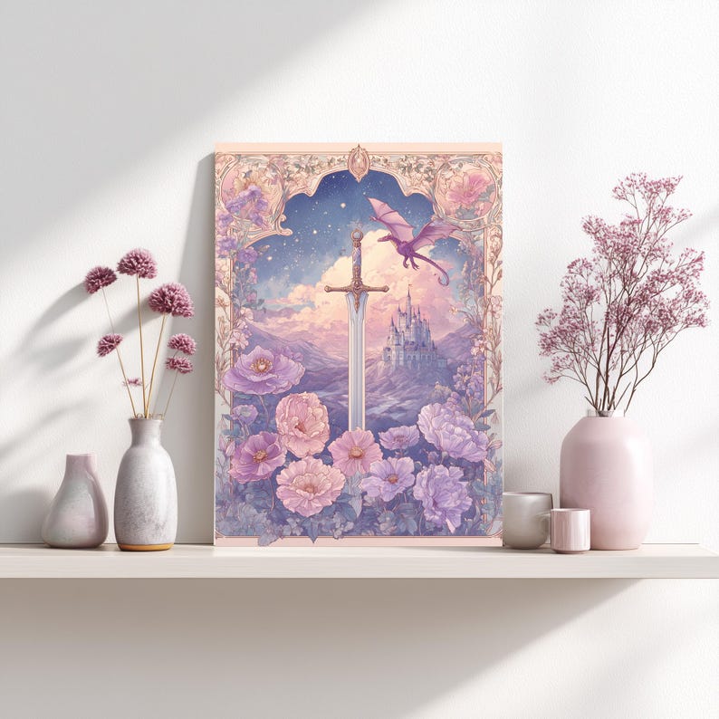 Fantasy Dragon Print Bookish Wall Art, Printable Watercolor Castle ...