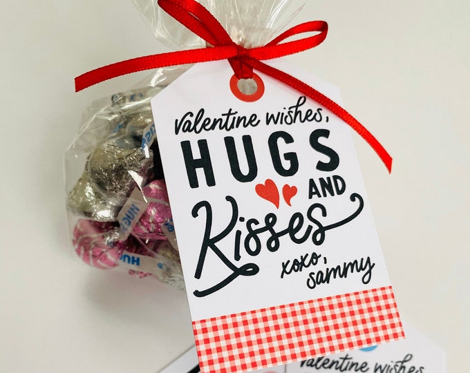 Hugs and Kisses Valentines Day Treat Gift Tag, Teacher Gift Label for ...