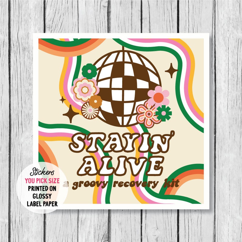 Staying Alive Bachelorette Party Hangover Kit Sticker Groovy - Etsy