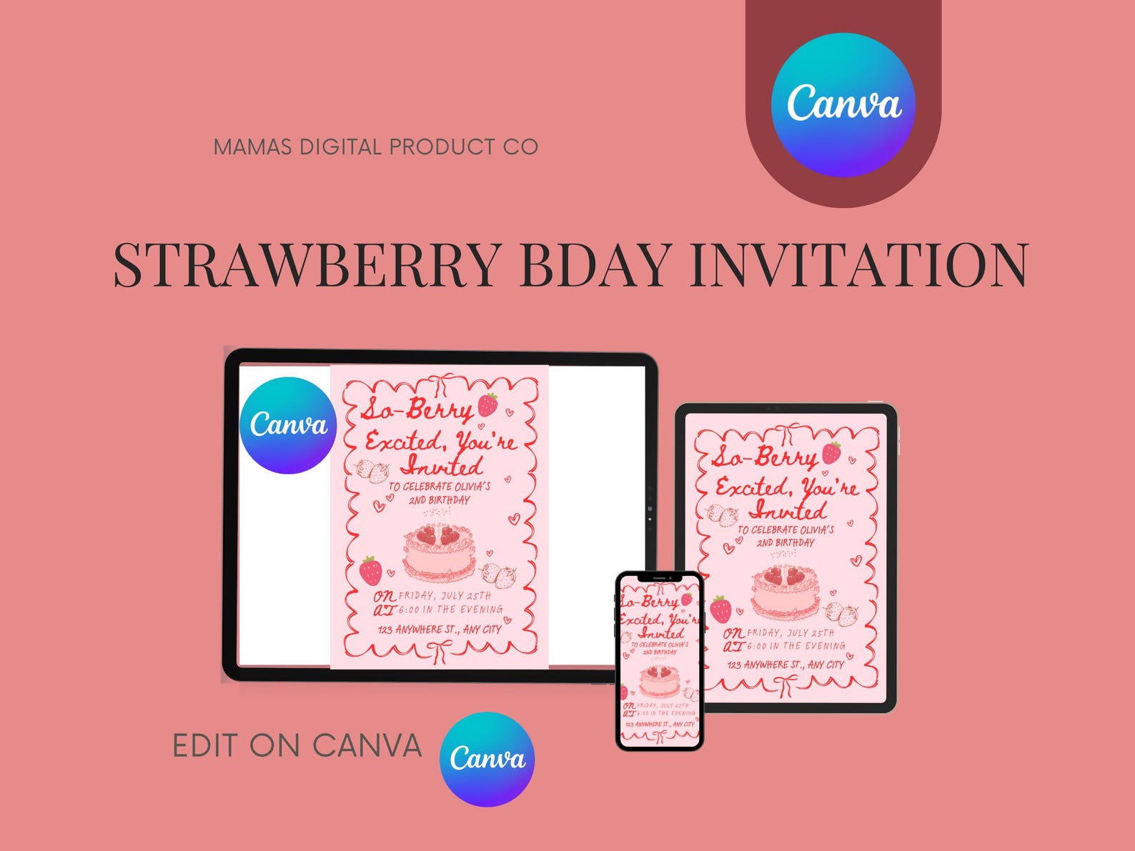 Strawberry Invitation Birthday Template Design - Etsy