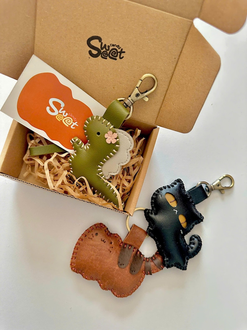Handmade Leather Animal Keychain: Dinosaur, Cat Bag Charm - Etsy