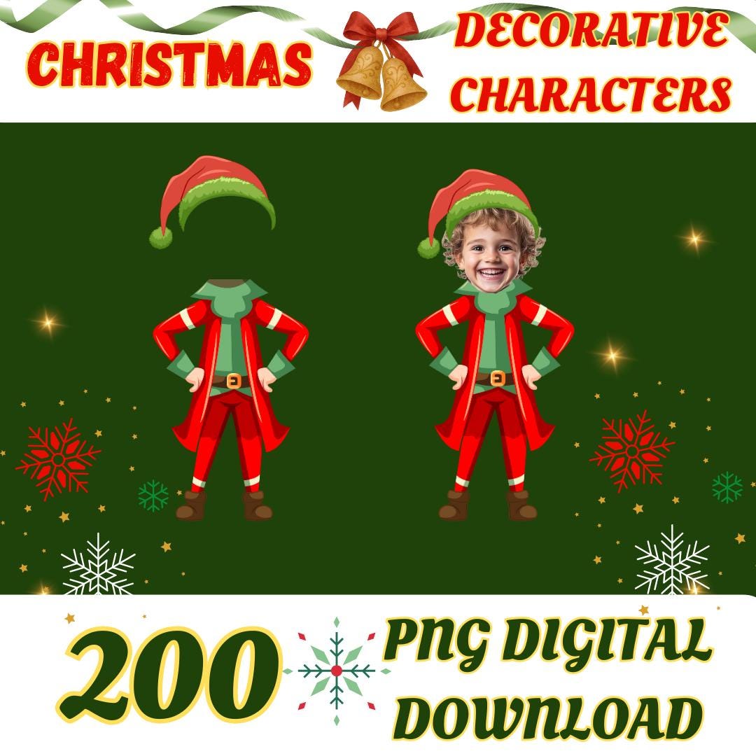 Pack of 200 Christmas Faces With Your Own Photo, DIY Elf PNG, Blank Elf ...