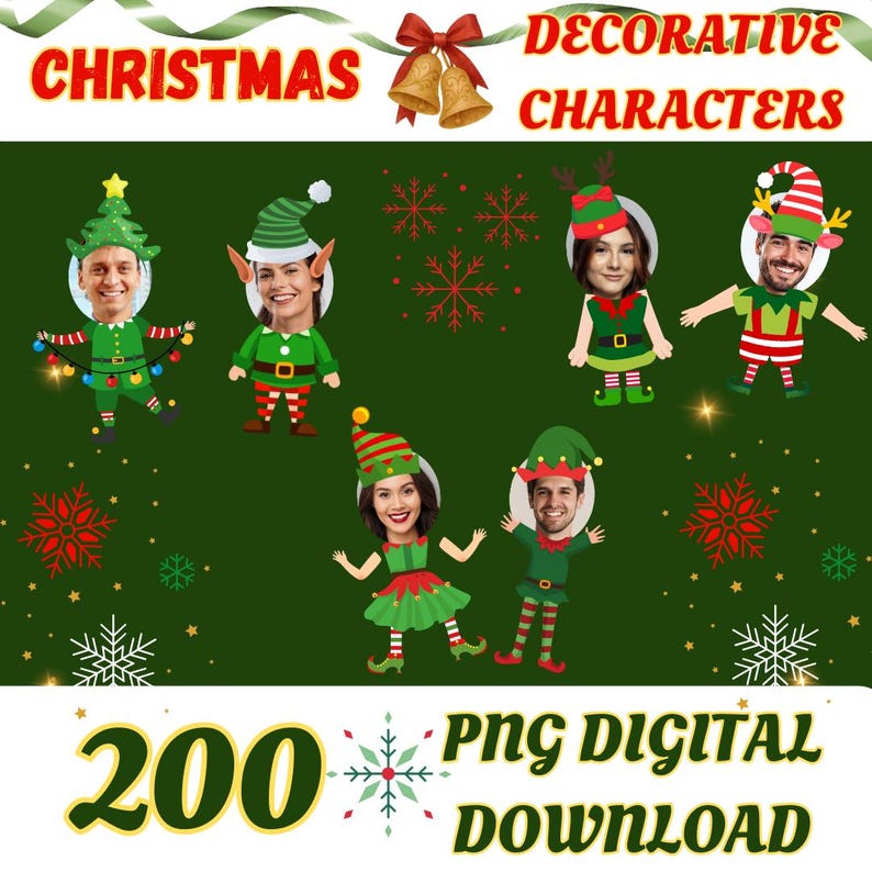 Pack of 200 Christmas Faces With Your Own Photo, DIY Elf PNG, Blank Elf ...