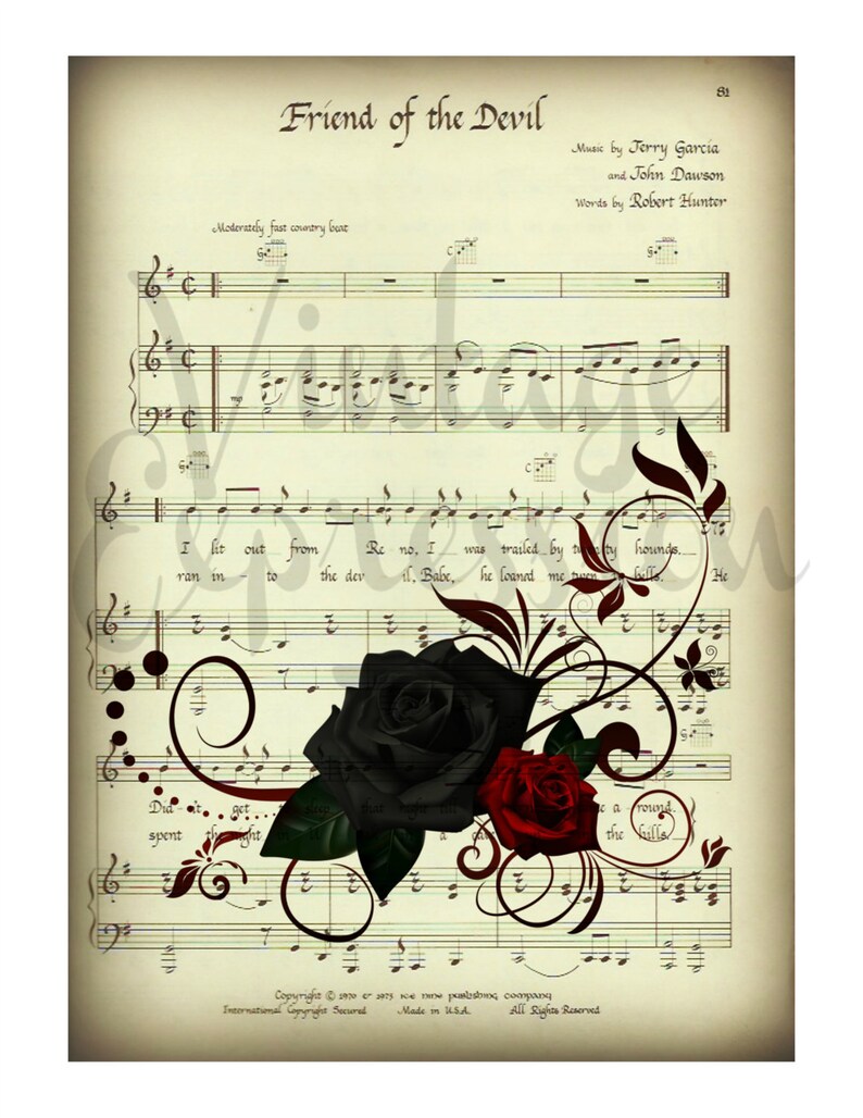 Grateful Dead, Friend of the Devil, on Song Music Sheet, Print - Etsy