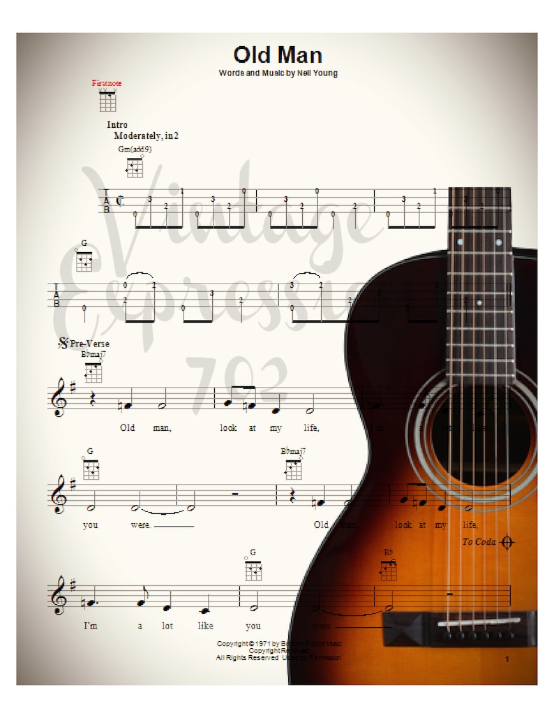 Neil Young, Old Man, Music Sheet, Print, Art - Etsy