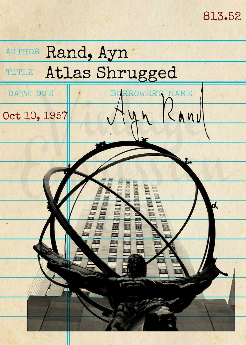 Ayn Rand, Atlas Shrugged, Vintage Library Card Art, Book Art ...