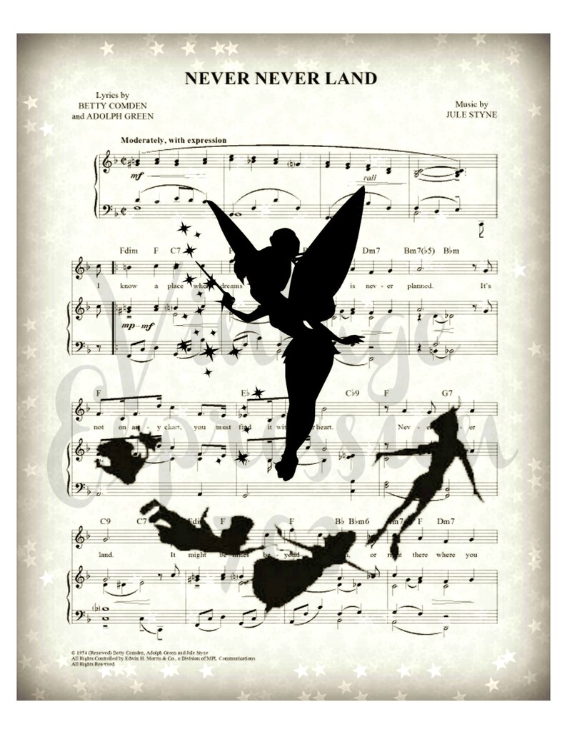 Peter Pan Cast Tinkerbell, Never Never Land, Music Song Sheet, Print - Etsy