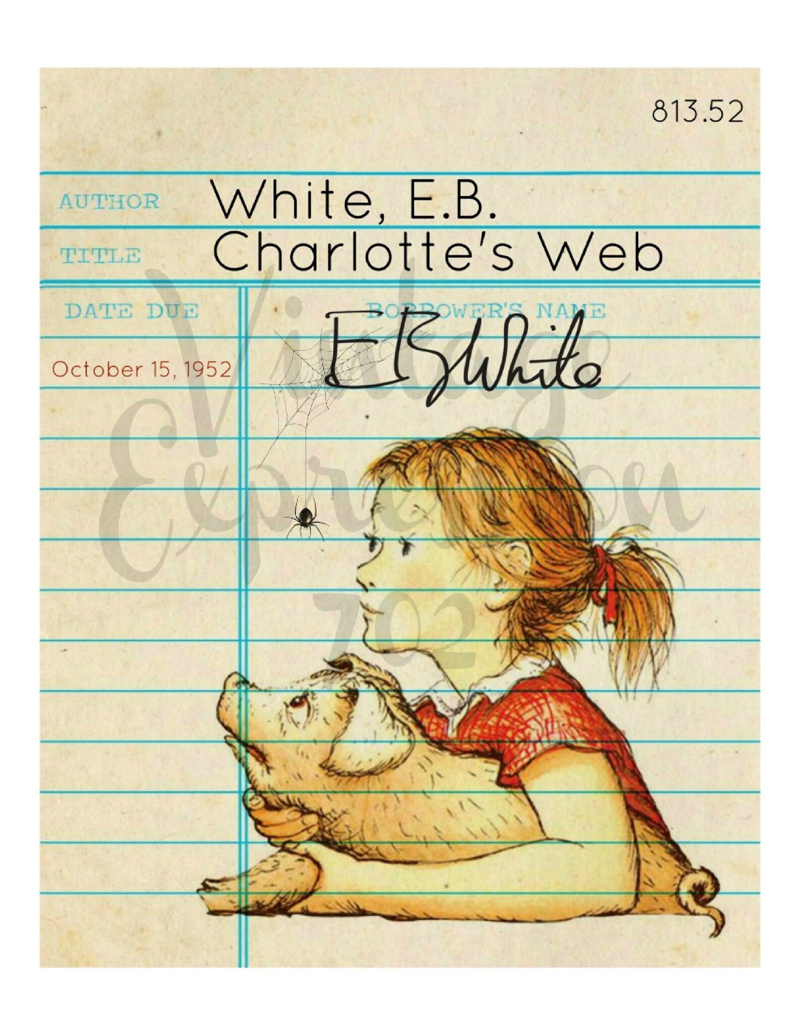 Charlotte's Web E.B. White Vintage Library Card Art | Etsy