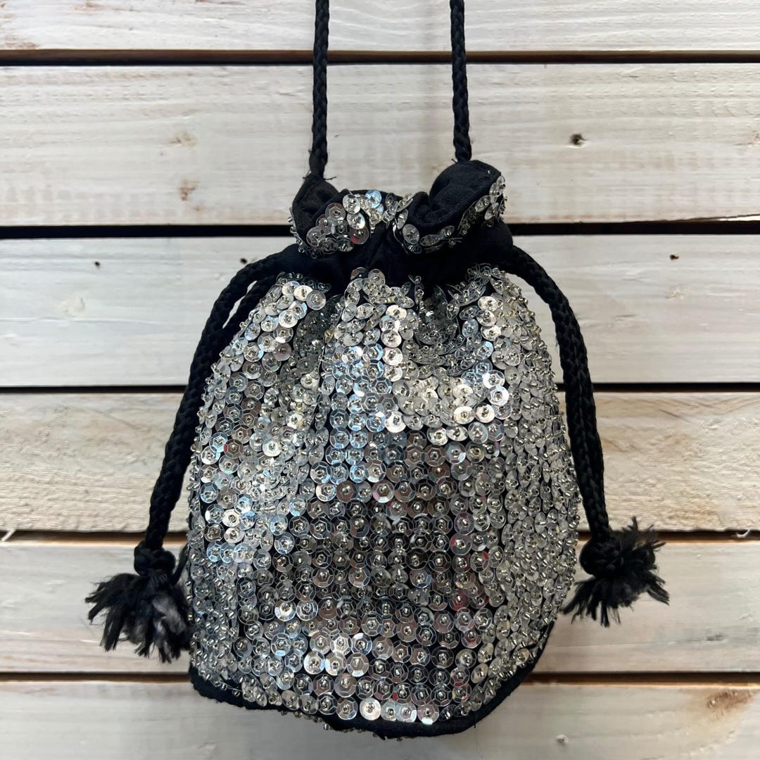 Vintage Silver Sequin Mini Bag Drawstring Purse Y2K Partycore Fairycore ...