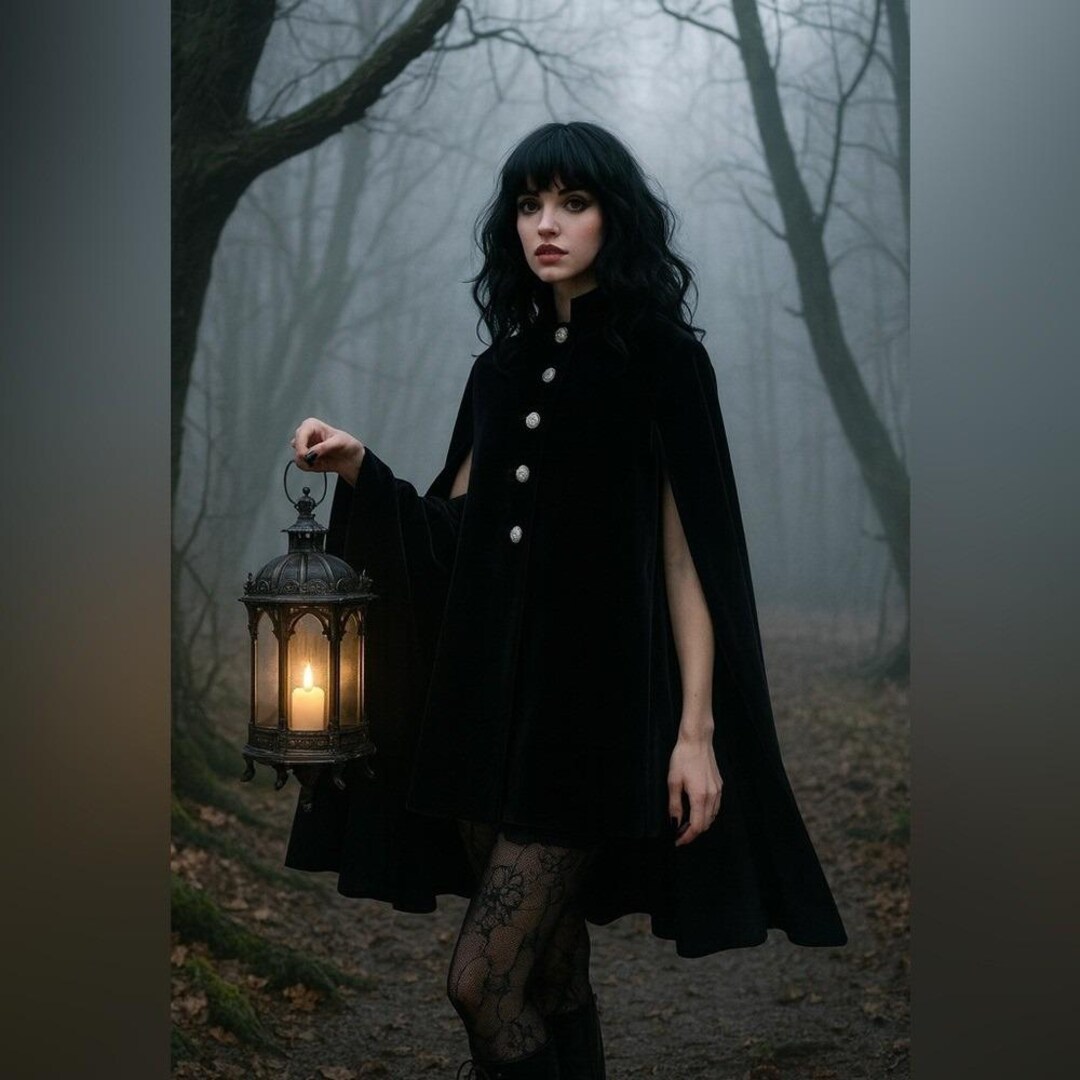 Vintage Black Velvet Cape Cloak Rhinestone Button Whimsygoth Formal ...