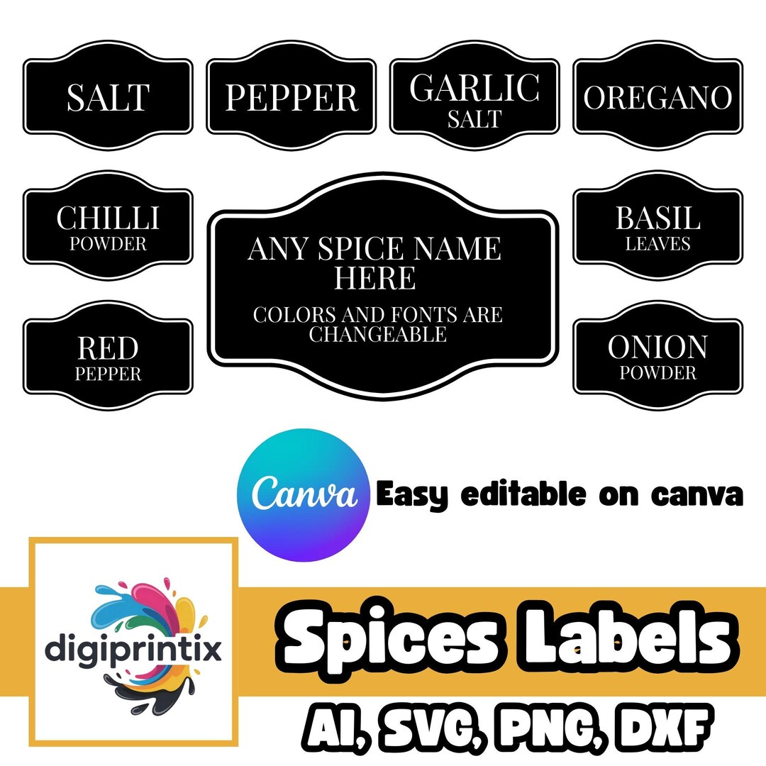 Spice Labels SVG Bundle – Kitchen Organizer, Printable, Black & White ...