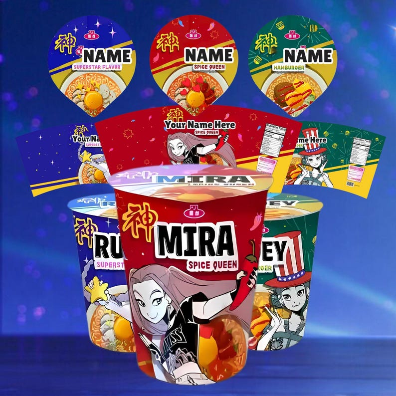 3 Kpop Demon Hunters Ramen Noodle Labels, Mira Rumi Zoey Cup Noodle ...