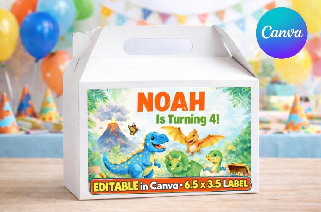 Dinosaur Birthday Favor Label | Editable Gable Box Template | Dino ...