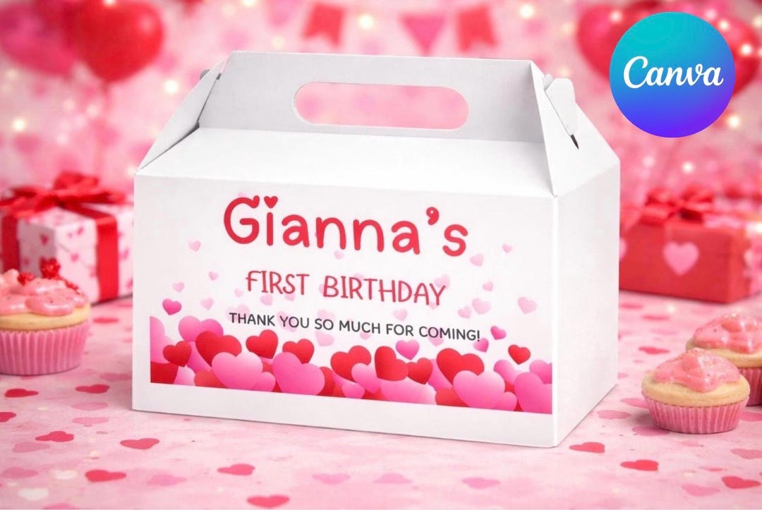 Heart Gable Box Label Template | First Birthday Party Favor (canva ...