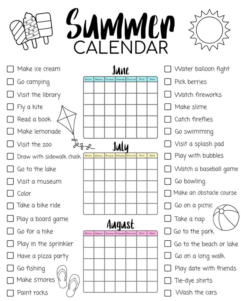 Printable Summer Bucket List Calendar for Families - Digital Download ...