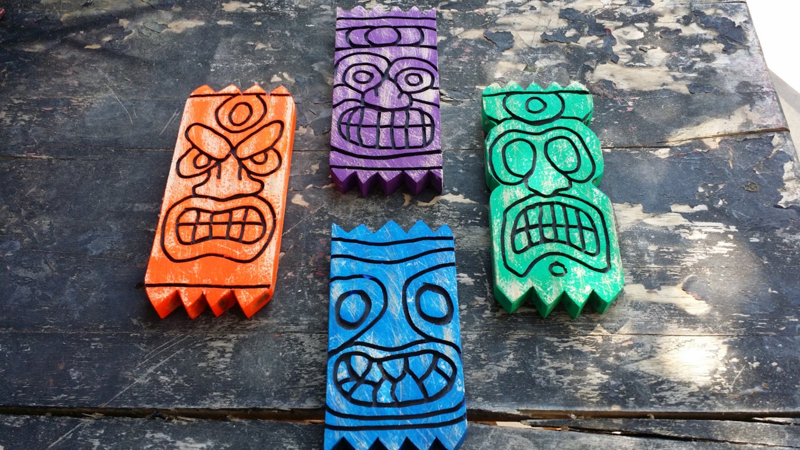 Tiki Set no.1 Handmade Carved and Painted Wood Wall Art | Etsy