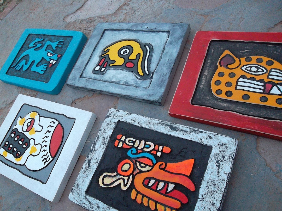 Aztec Design Wooden Wall Art Set: Lizard, Rabbit, Cheetah, Skull, Wind ...