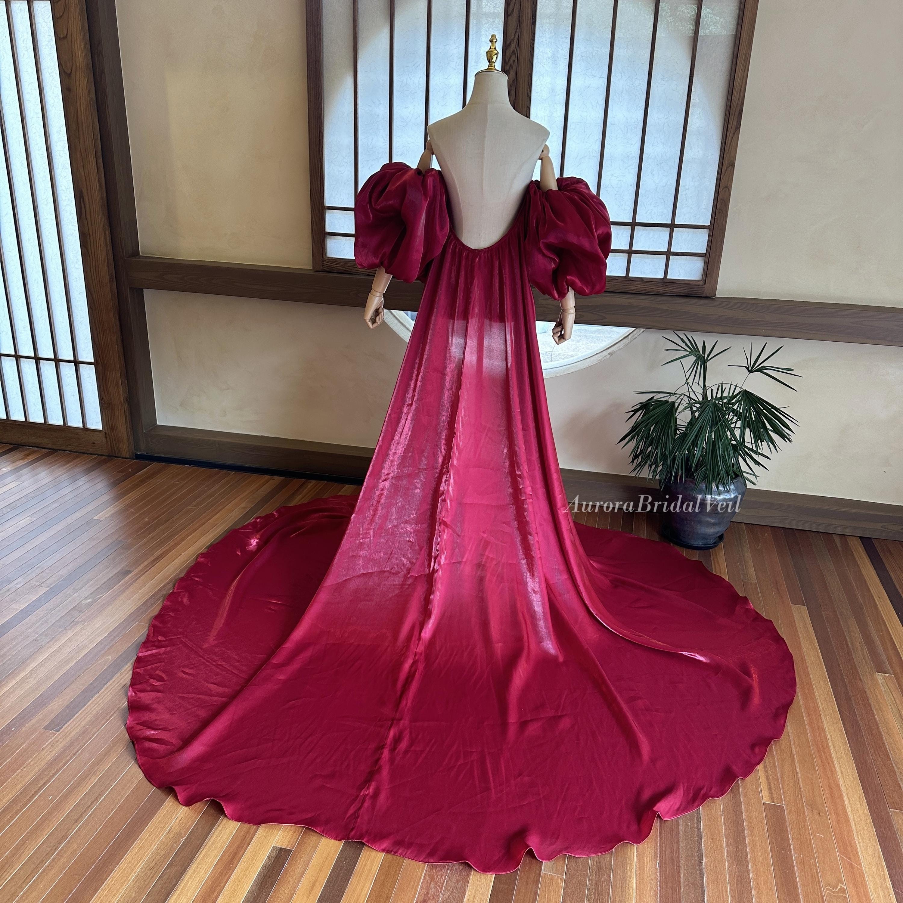 Luxury Luster Satin Cape With Dramatic Puffy Sleeves, Burgundy Cloak ...