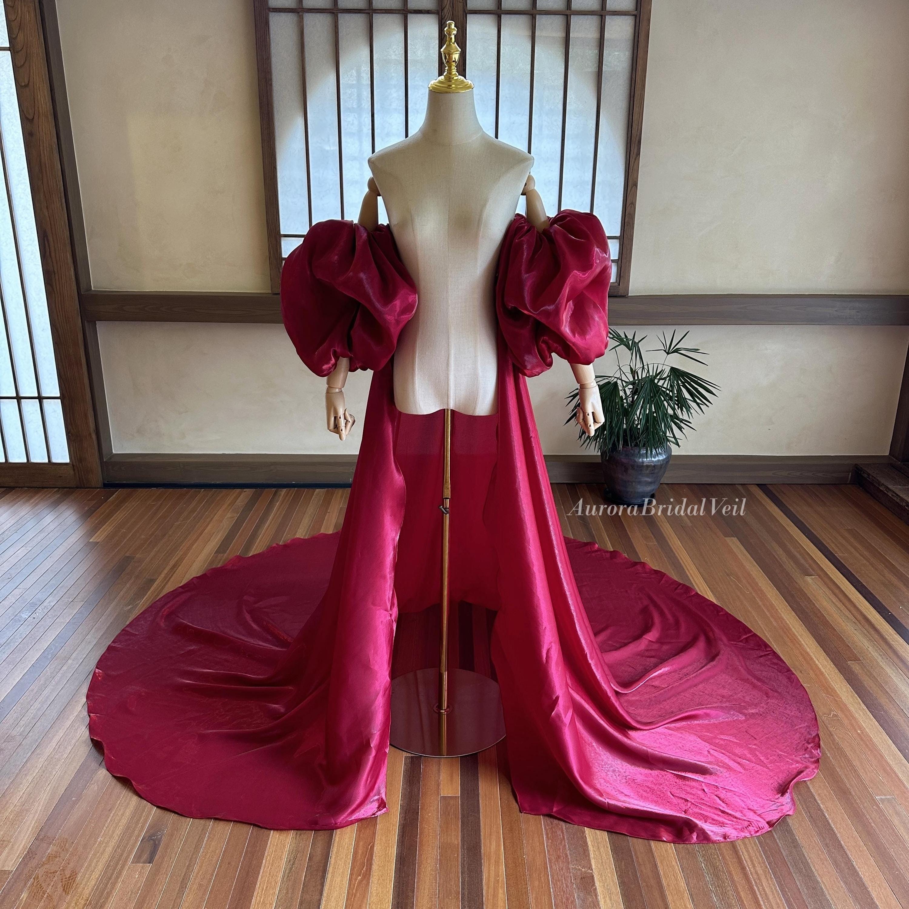 Luxury Luster Satin Cape With Dramatic Puffy Sleeves, Burgundy Cloak ...