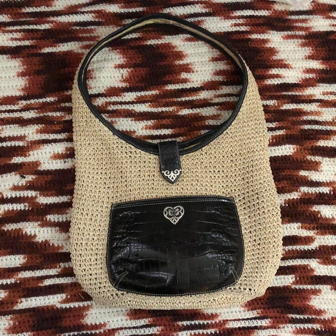 Brighton Crochet Woven Straw Leather Beige Black Shoulder Hobo Hand Bag ...