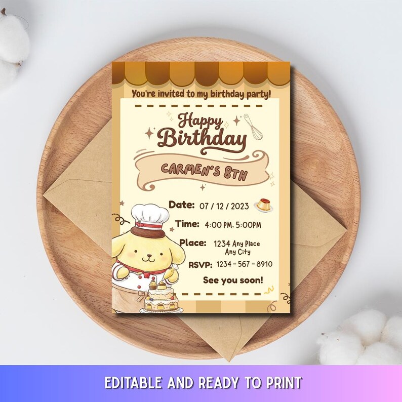 Yellow Puppy Chef Birthday Invitation - Editable Canva Template, Cute ...