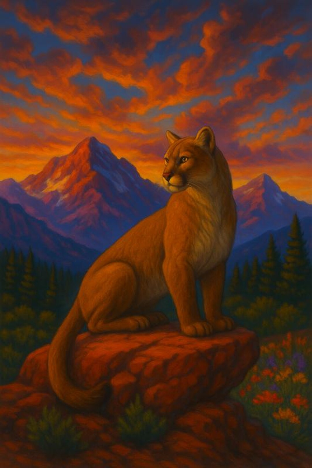 Mountain Lion on Crimson Cliff – Sunset Mountain Wildlife Digital Print ...