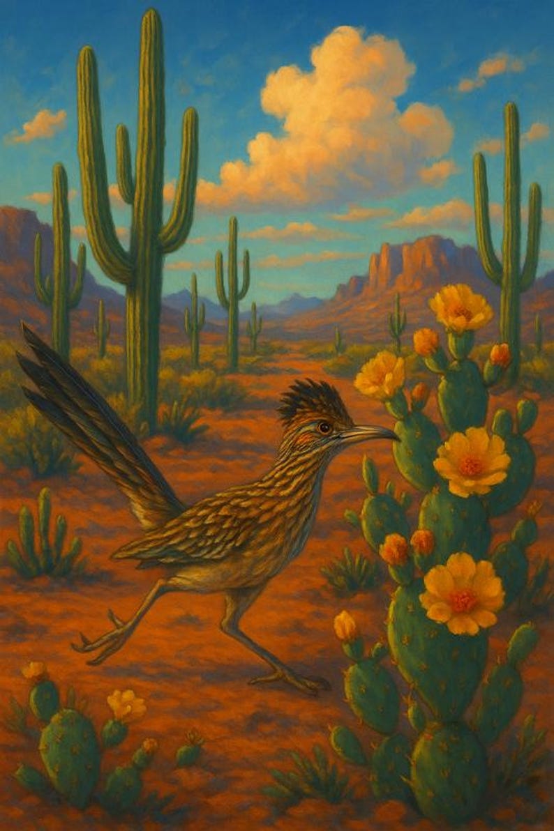 Roadrunner and Blooming Cactus – Desert Wildlife Wall Art | Vibrant ...